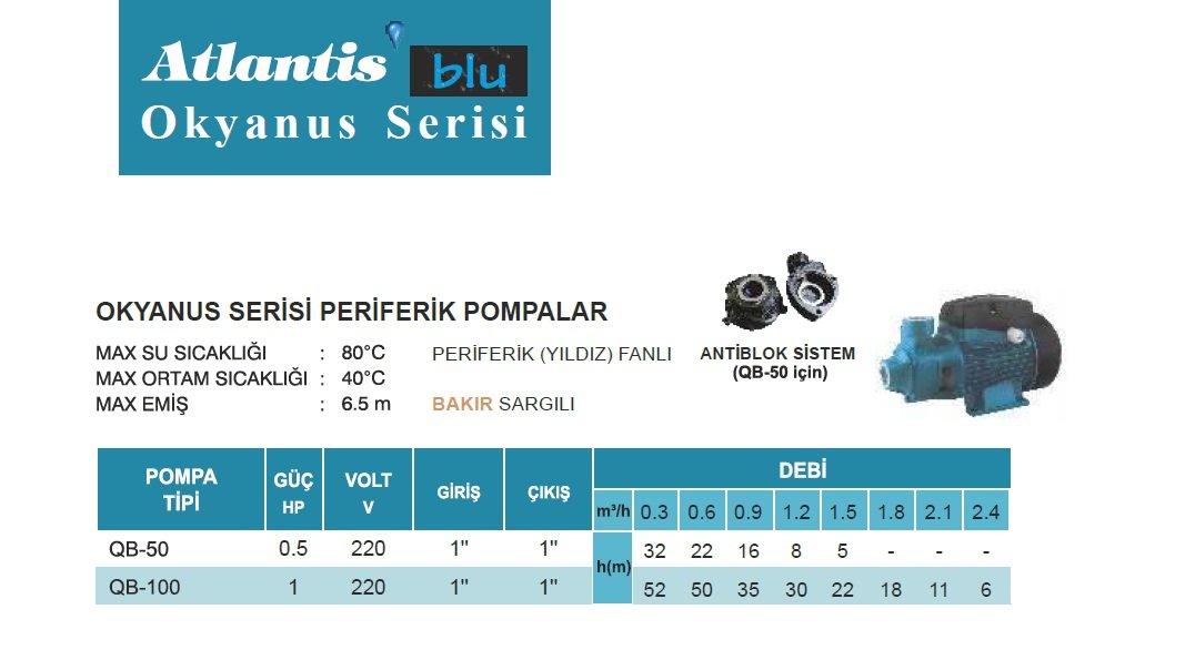 ATLANTİS, ATLANTİS, BLU, QB-100, 1 HP, 220V, PREFERİKAL, YILDIZ, SÜRTME ...