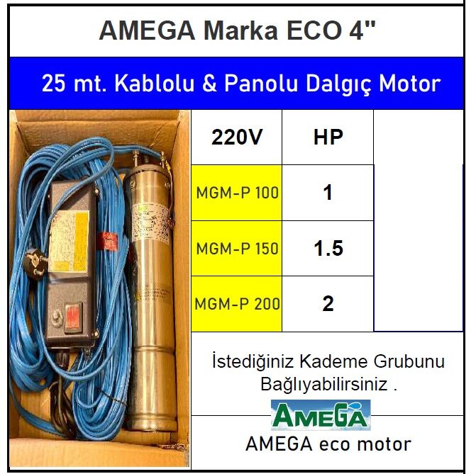 AMEGA, Amega MGM-P 200, 2Hp, 220V, 4'', 25 Metre Kablolu ve Panolu ...